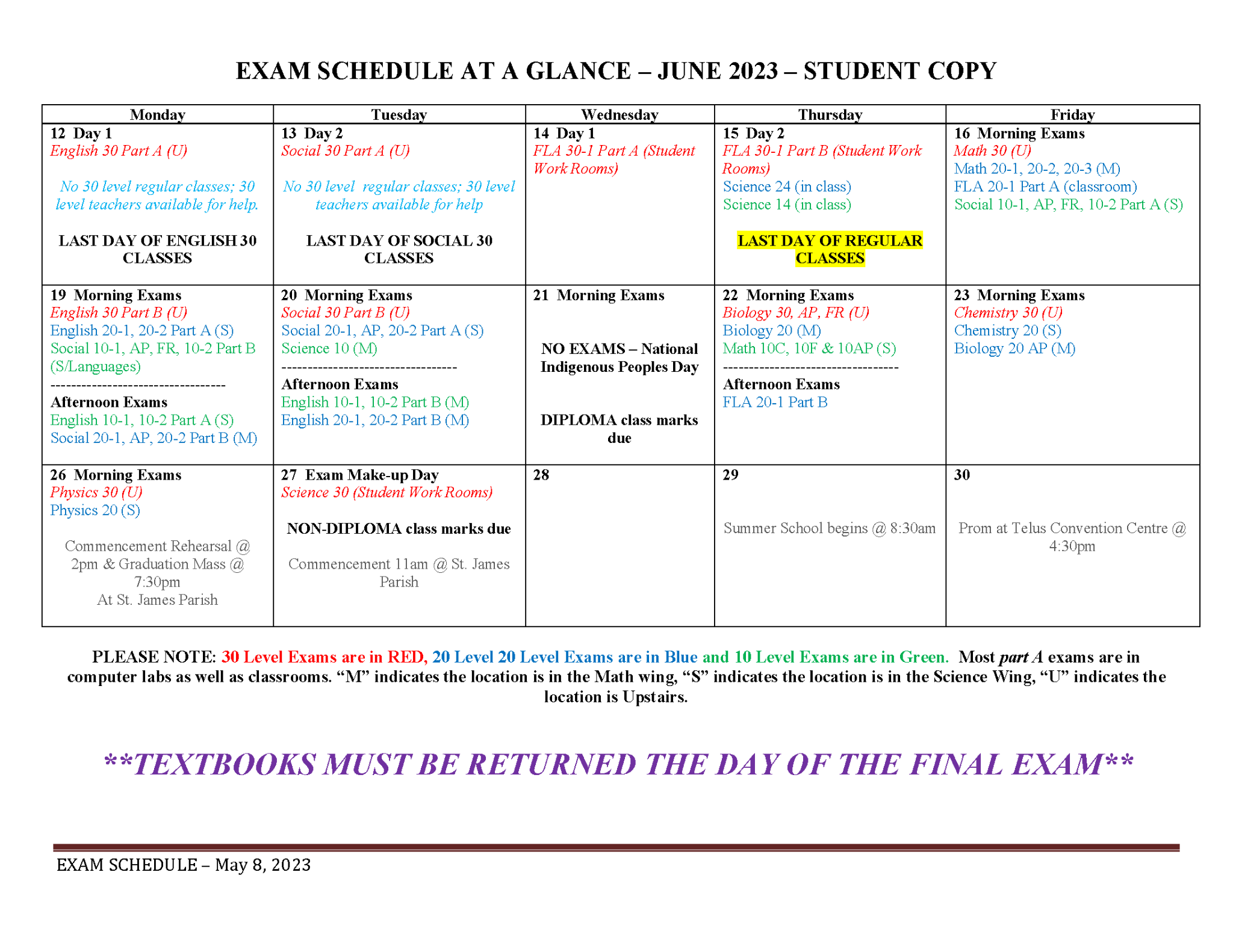 Exam Schedule - Holy Trinity Academy