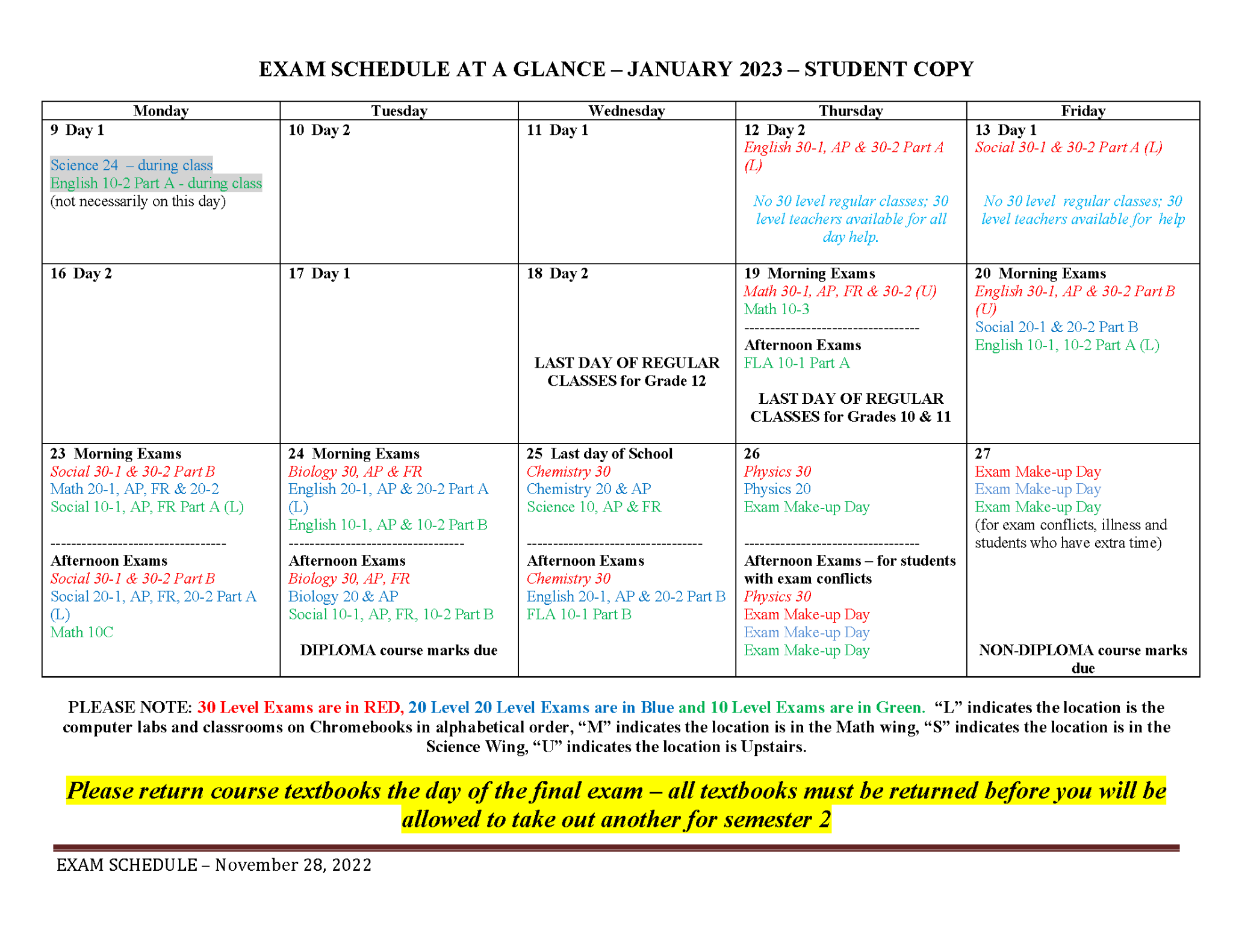 Exam Schedule - Holy Trinity Academy
